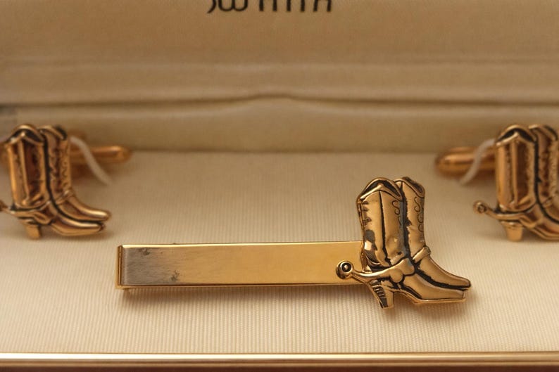 Vintage Swank Cowboy Boot Cufflinks Tie Bar Set Gold Tone Spurs Western ...