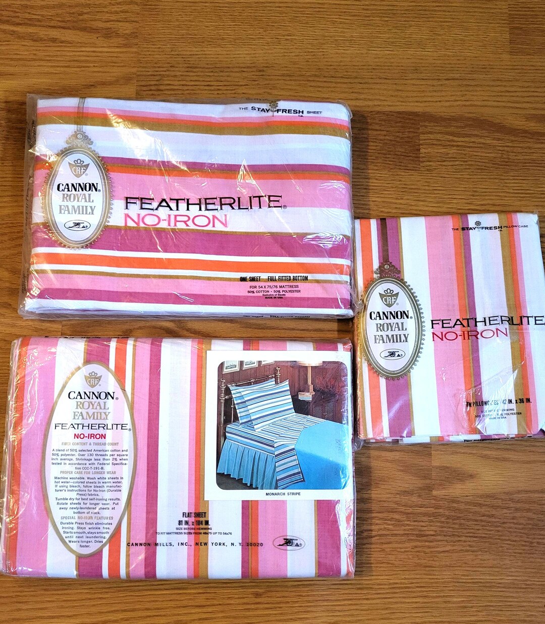 Vintage Cannon Royal Family Pink Stripe Sheet Set for Double Bed Full ...