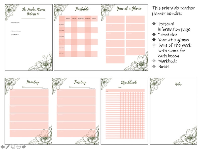 Printable PDF Teacher Planner Flower Design Instant - Etsy