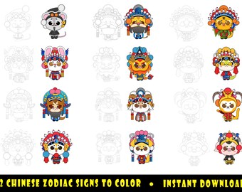 12 Chinese Zodiac Signs Coloring Book - Etsy