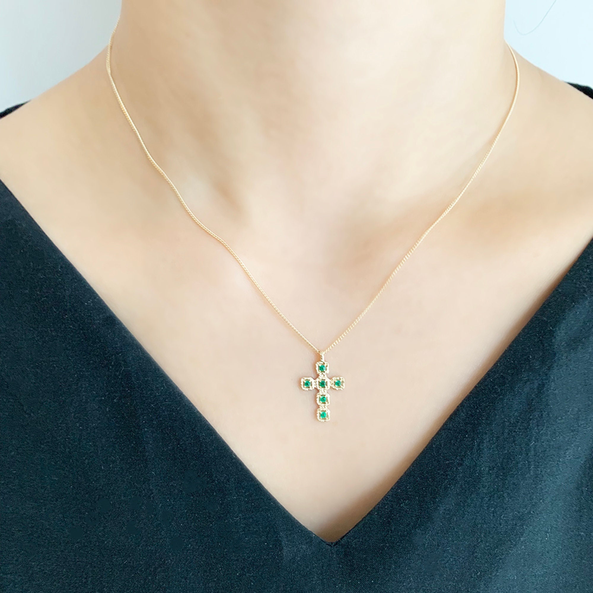 Emerald Cross Necklace in 14K Solid Gold for Women, Emerald Birthstone ...