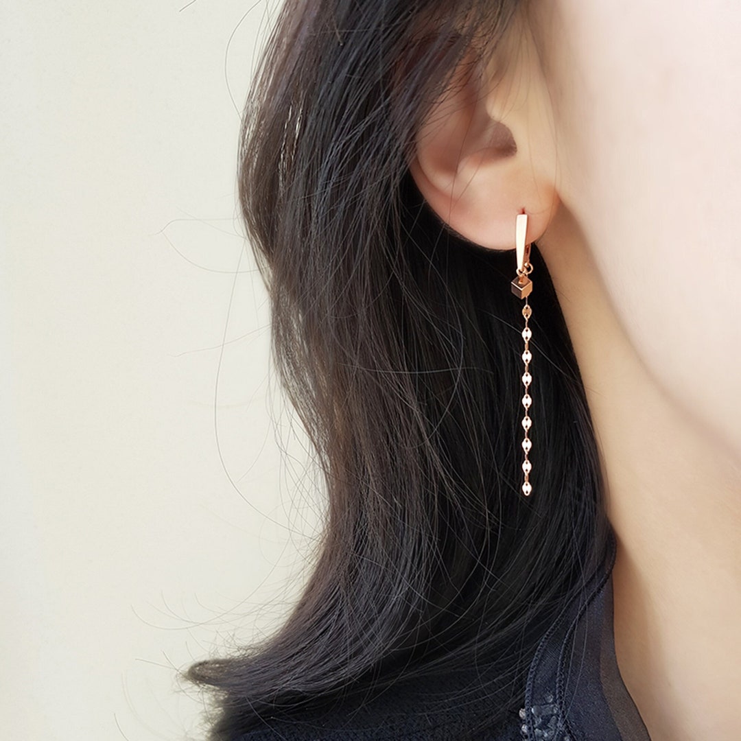 14K Cube Long Drop Chain Earrings, 14K Dangle & Drop Earring ...