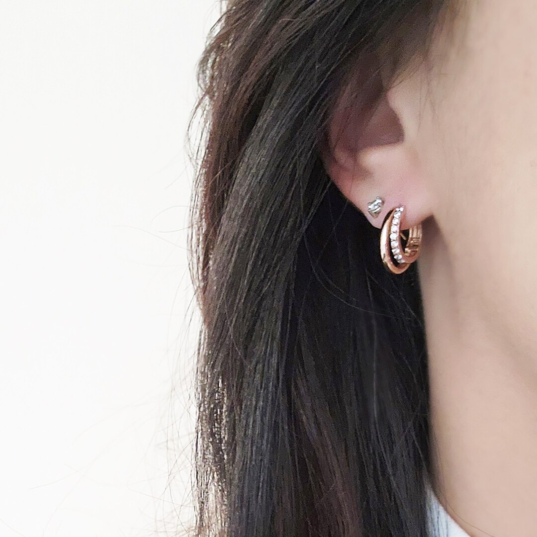 14K Solid Gold Double Hoop Earring, Minimalist Hoop Earring, Solid Gold ...