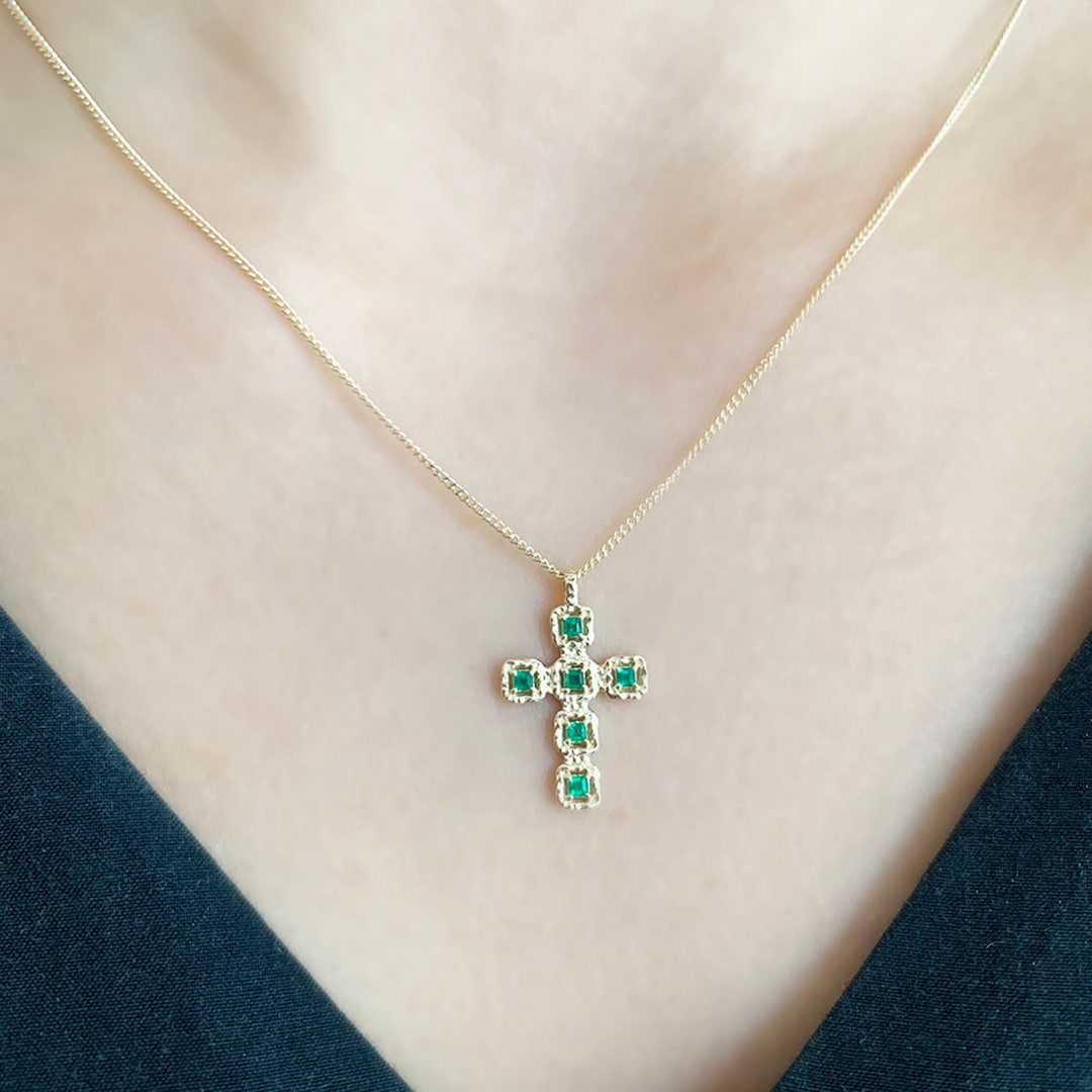 Emerald Cross Necklace in 14K Solid Gold for Women, Emerald Birthstone ...