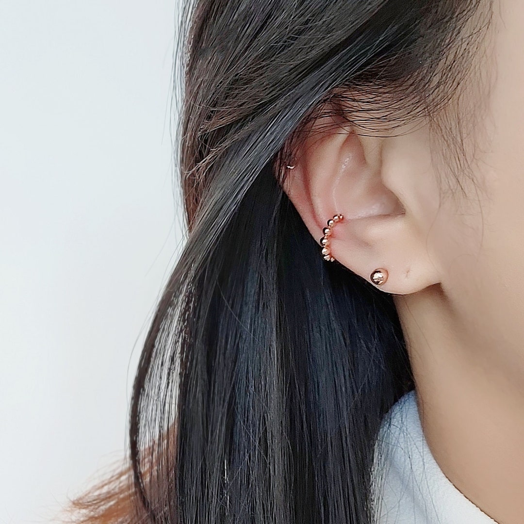 14K Solid Gold Ball Ear Cuff, Cartilage Ear Cuff, Minimalist Ear Cuff, Dainty Gold Ear Cuff, No ...