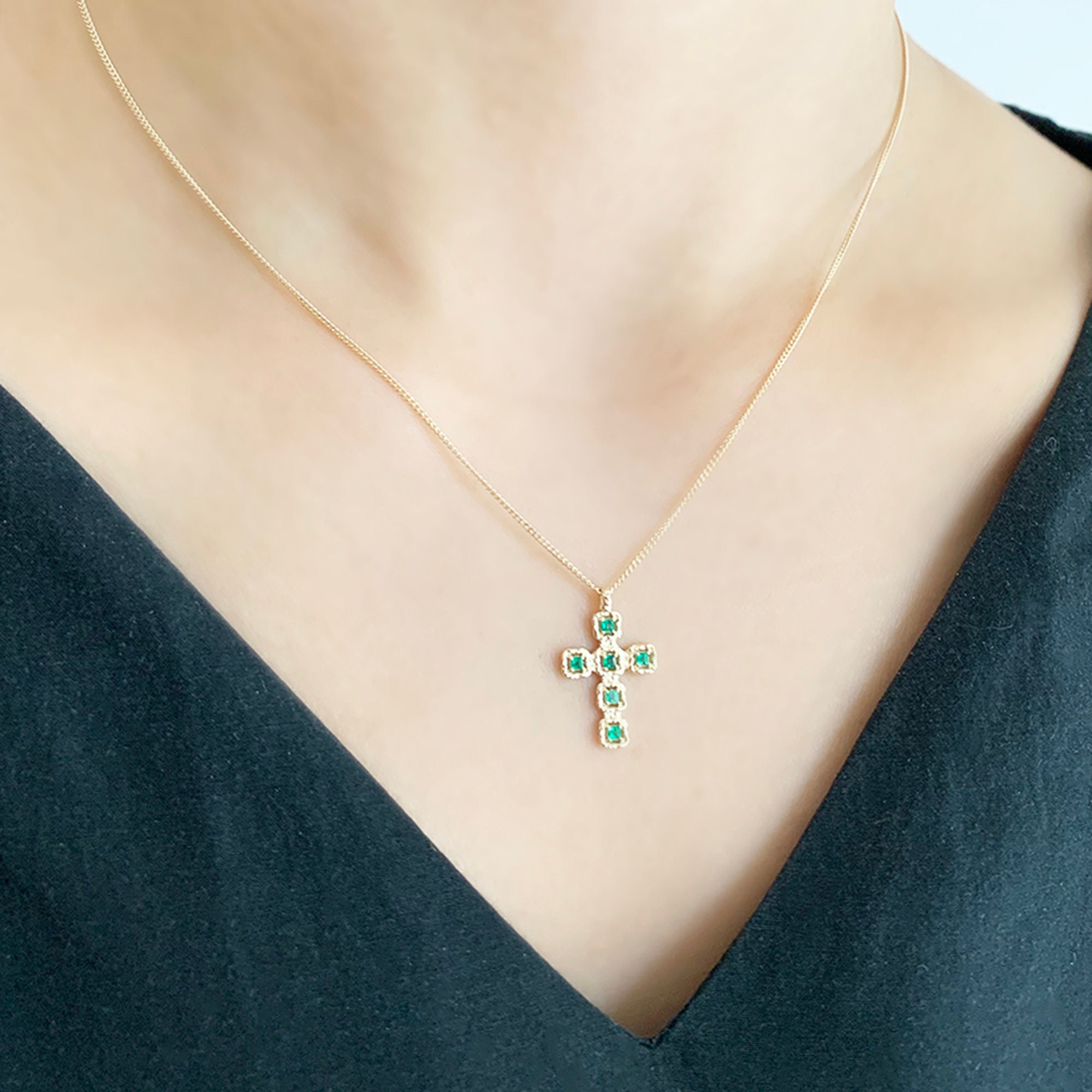 Emerald Cross Necklace in 14K Solid Gold for Women, Emerald Birthstone ...