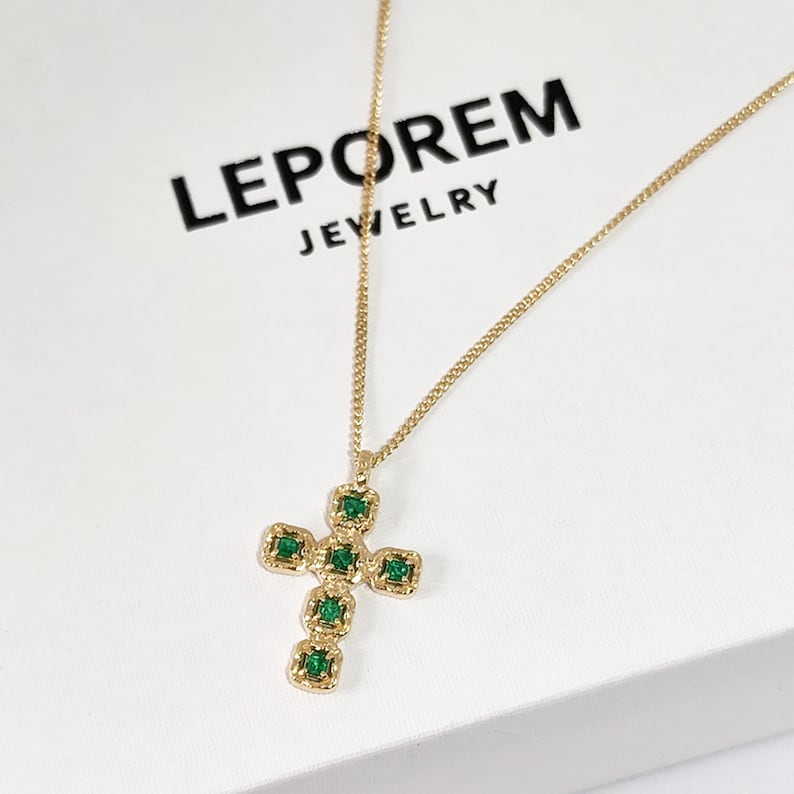 Emerald Cross Necklace in 14K Solid Gold for Women, Emerald Birthstone ...