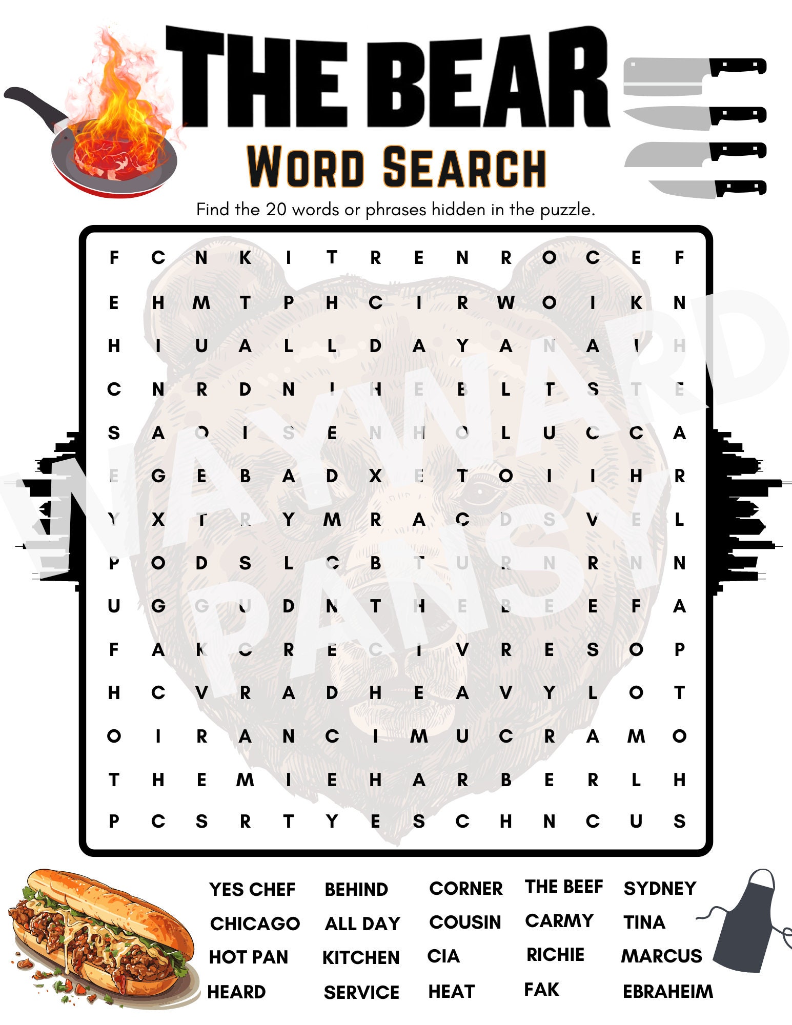The Bear Word Search Puzzle - Instant Digital Download, Printable Party ...