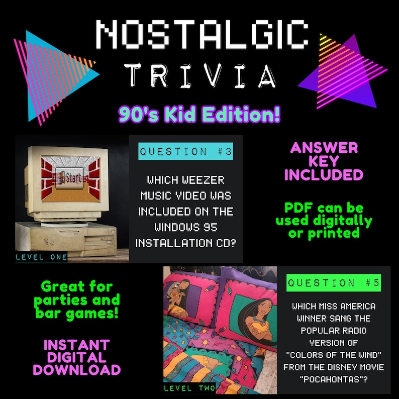 Nostalgic 90s Trivia Game - Three Rounds, 30 Unique Questions, Digital ...