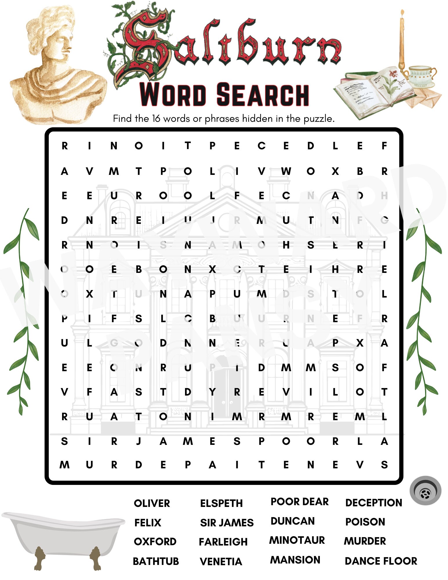 Saltburn Word Search Puzzle - Instant Digital Download, Printable Party ...