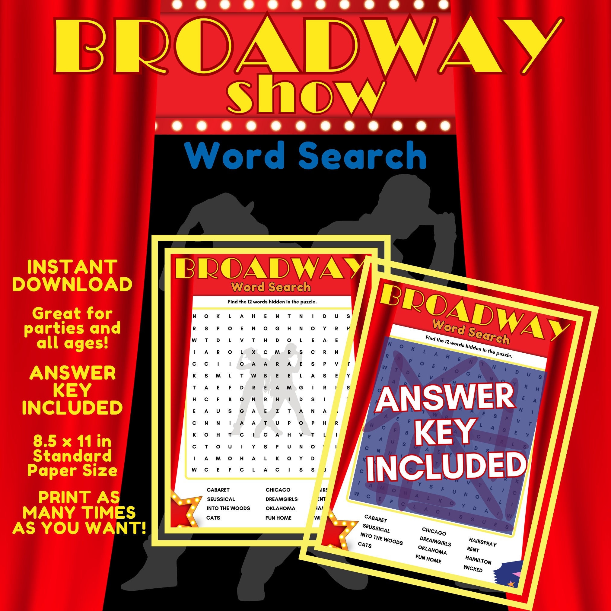 Broadway Show Word Search Puzzle - Instant Digital Download, Printable ...