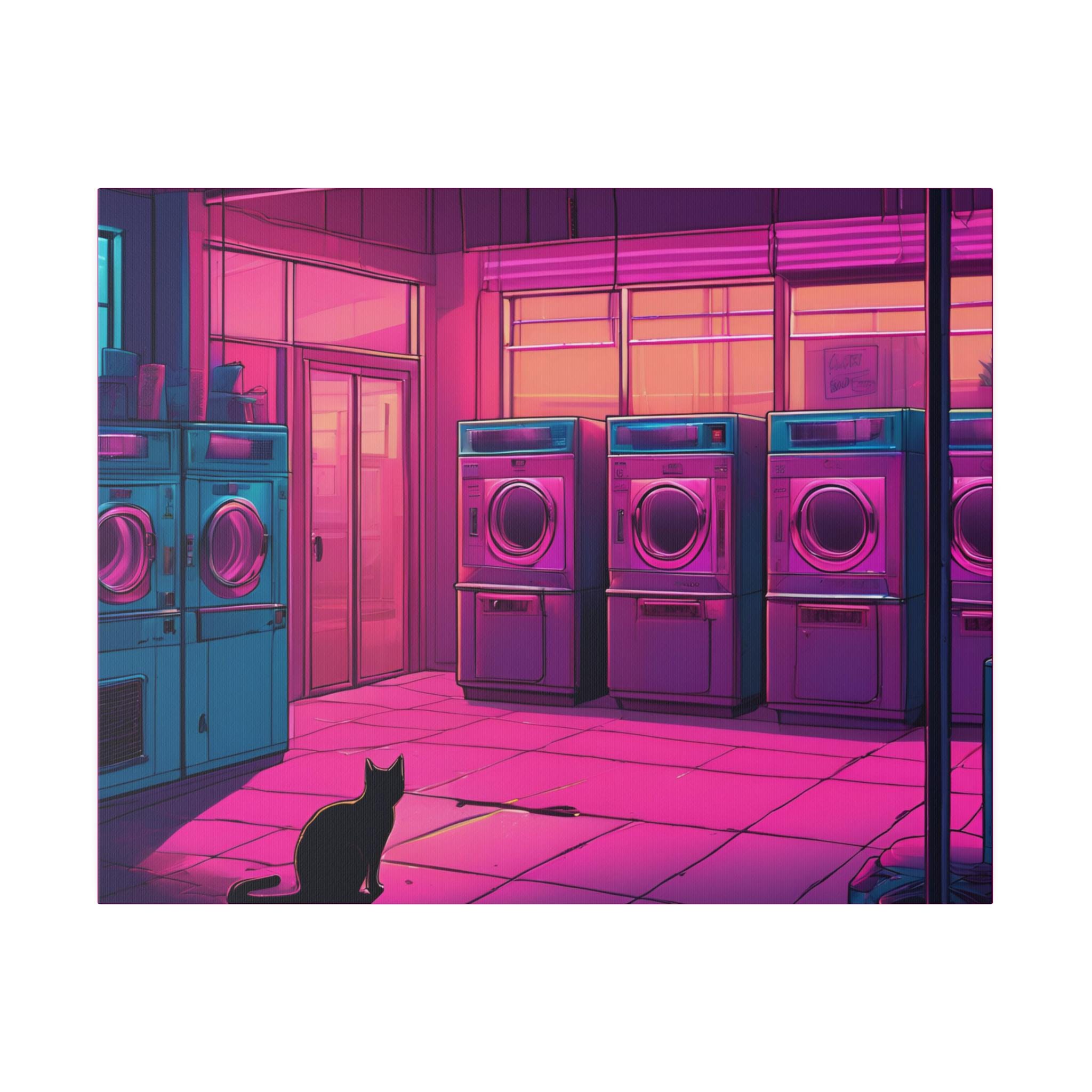 Cat in Empty Laundromat Pink Neon on Matte Canvas | Cyberpunk, Retro ...