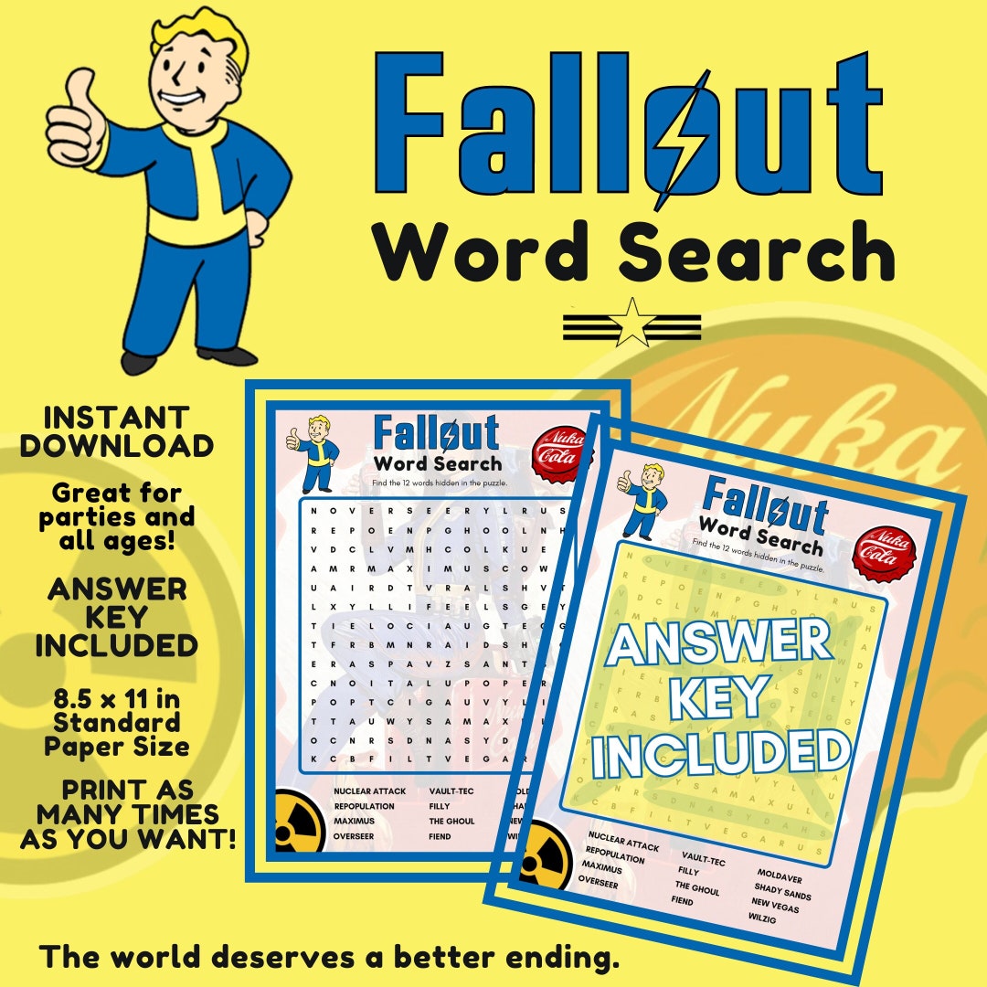 Fallout Word Search Puzzle - Instant Digital Download, Printable Party ...