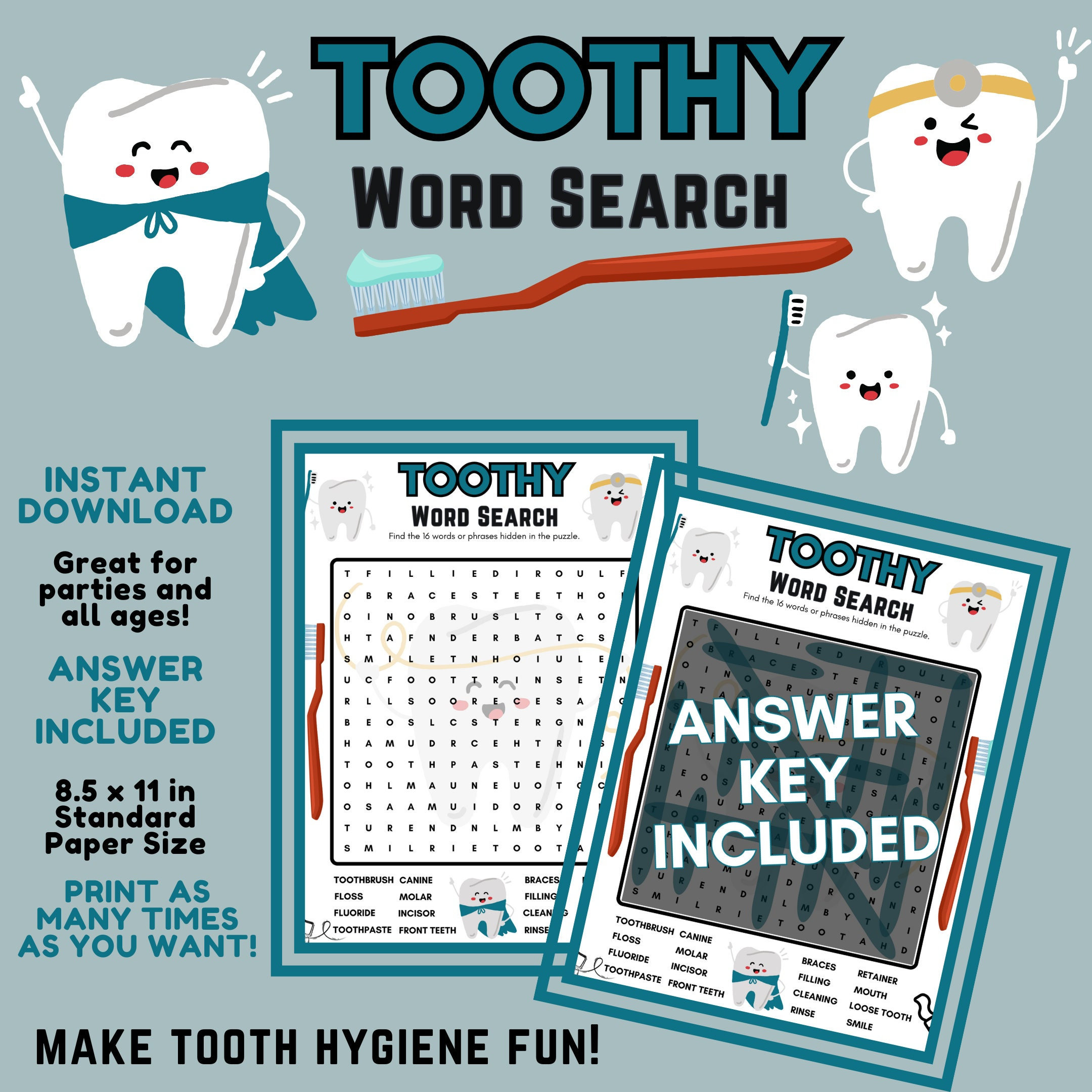 Toothy Word Search Puzzle - Instant Digital Download, for Dentists ...