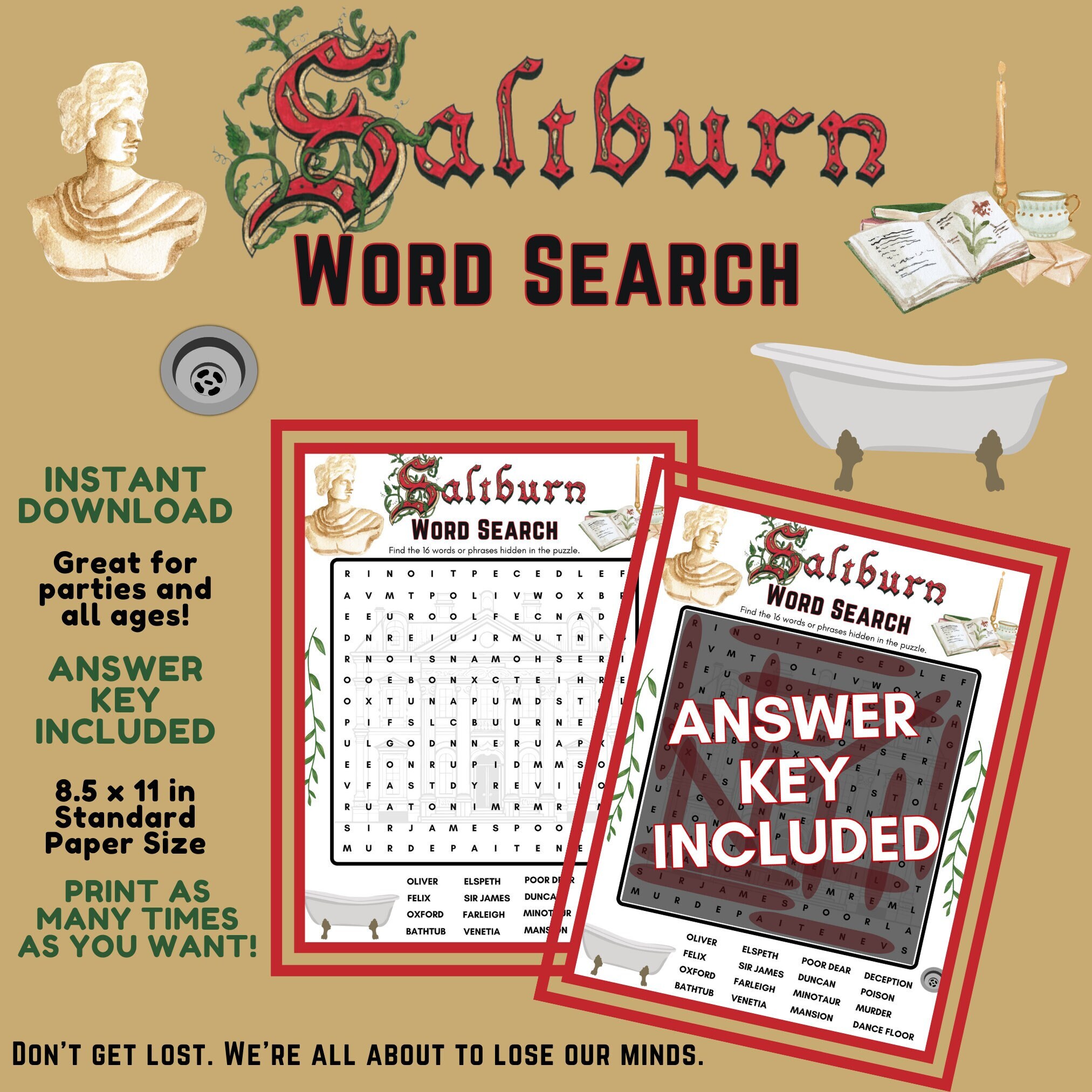 Saltburn Word Search Puzzle - Instant Digital Download, Printable Party ...