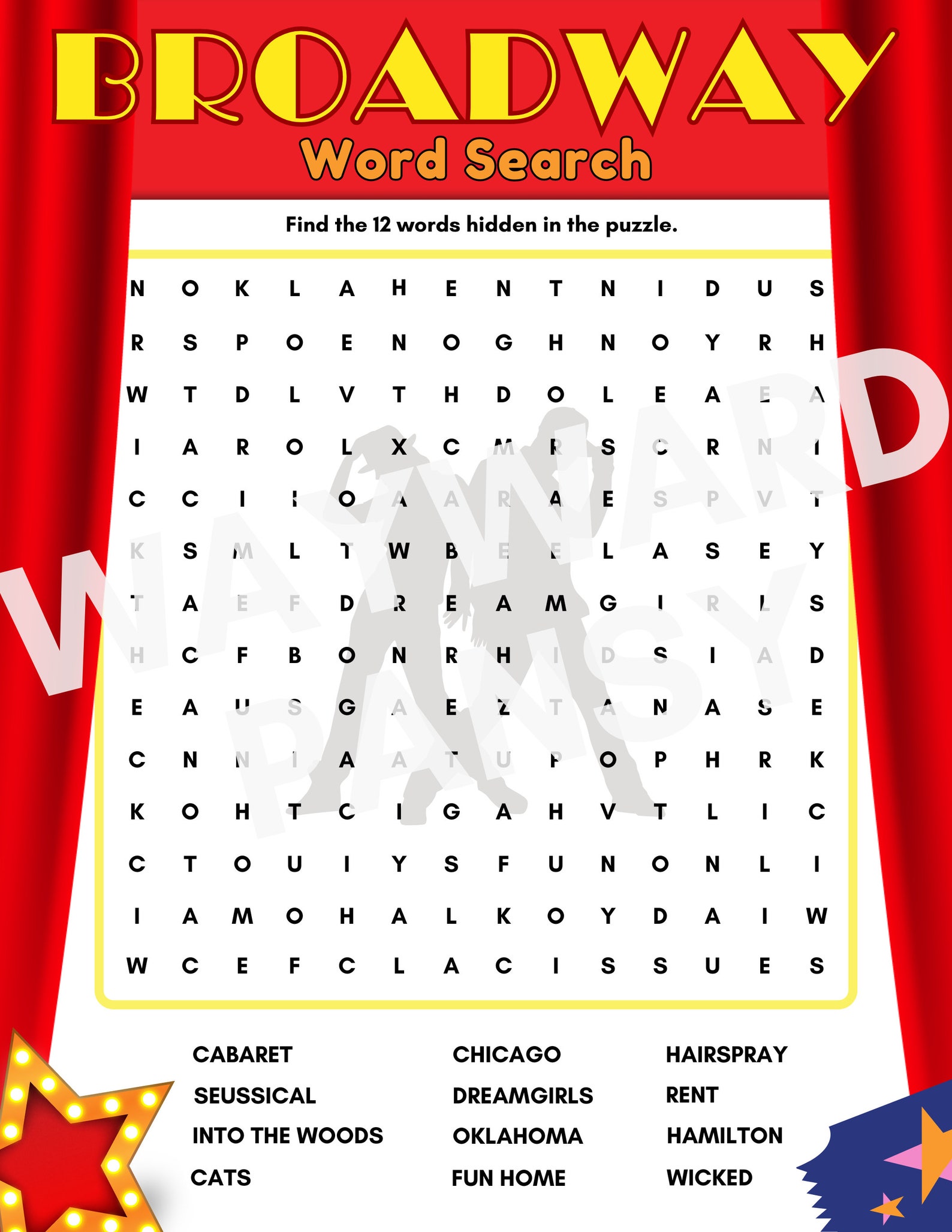 Broadway Show Word Search Puzzle - Instant Digital Download, Printable ...