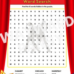 Broadway Show Word Search Puzzle - Instant Digital Download, Printable ...