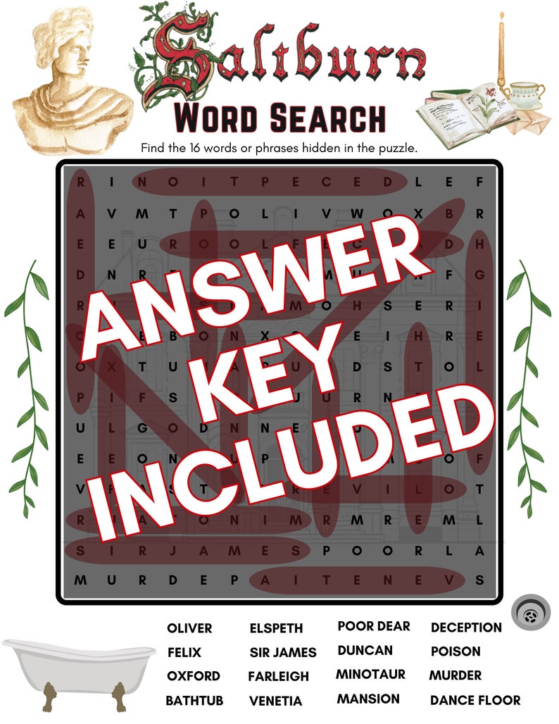 Saltburn Word Search Puzzle - Instant Digital Download, Printable Party ...
