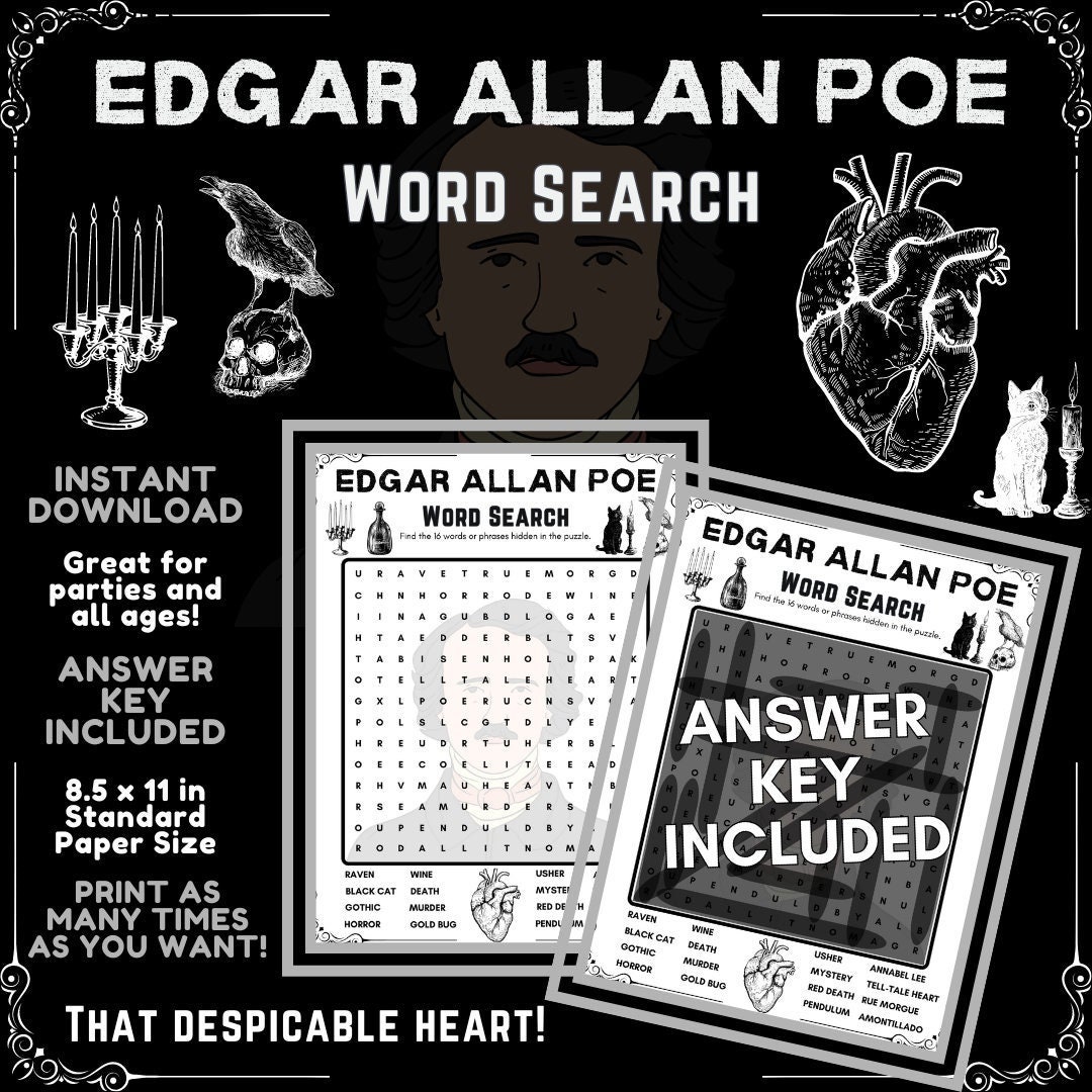 Edgar Allan Poe Word Search Puzzle - Instant Digital Download ...