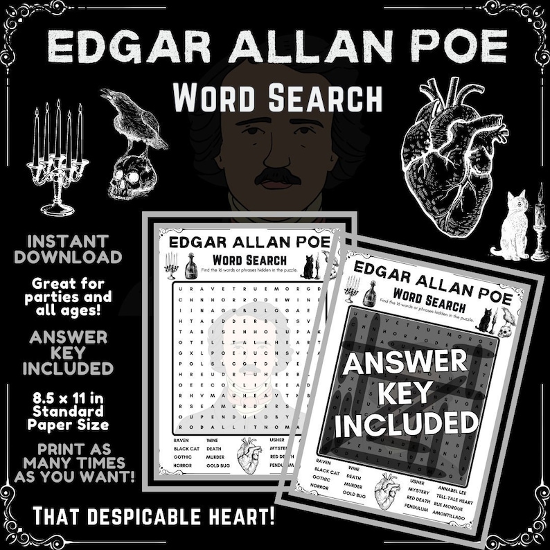 Edgar Allan Poe Word Search Puzzle - Instant Digital Download ...