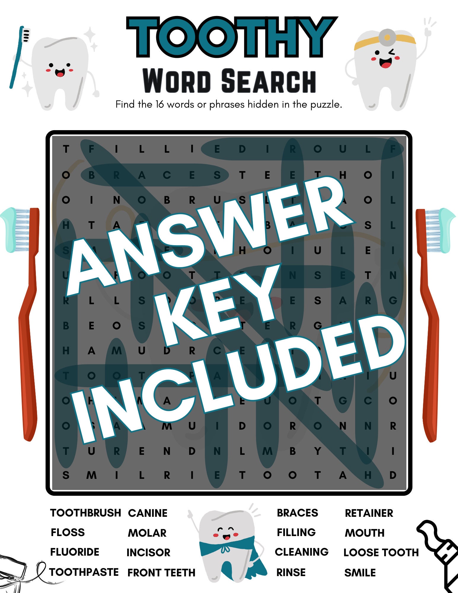 Toothy Word Search Puzzle - Instant Digital Download, for Dentists ...
