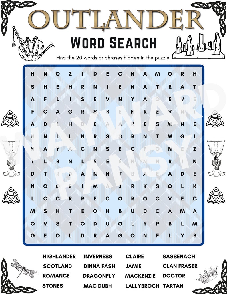 Outlander Word Search Puzzle Instant Digital Download, Printable Party ...