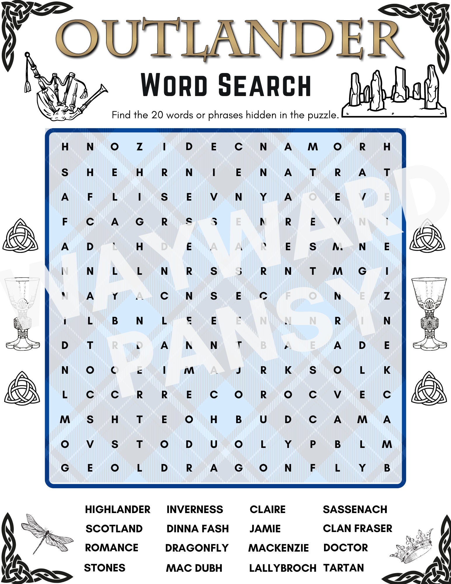 Outlander Word Search Puzzle Instant Digital Download, Printable Party ...