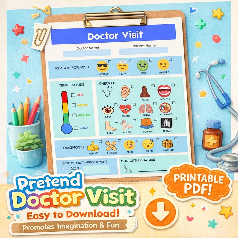 Doctor Visit Printable Sheet for Kids – Pretend Play Doctor Checkup ...