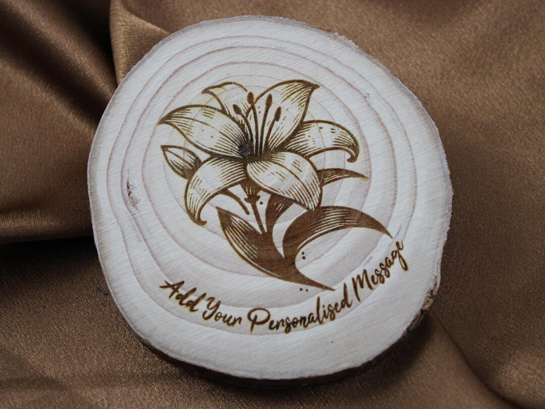 Round Personalised Handmade Lily Flower Engraved Wood Slice Coaster - Etsy