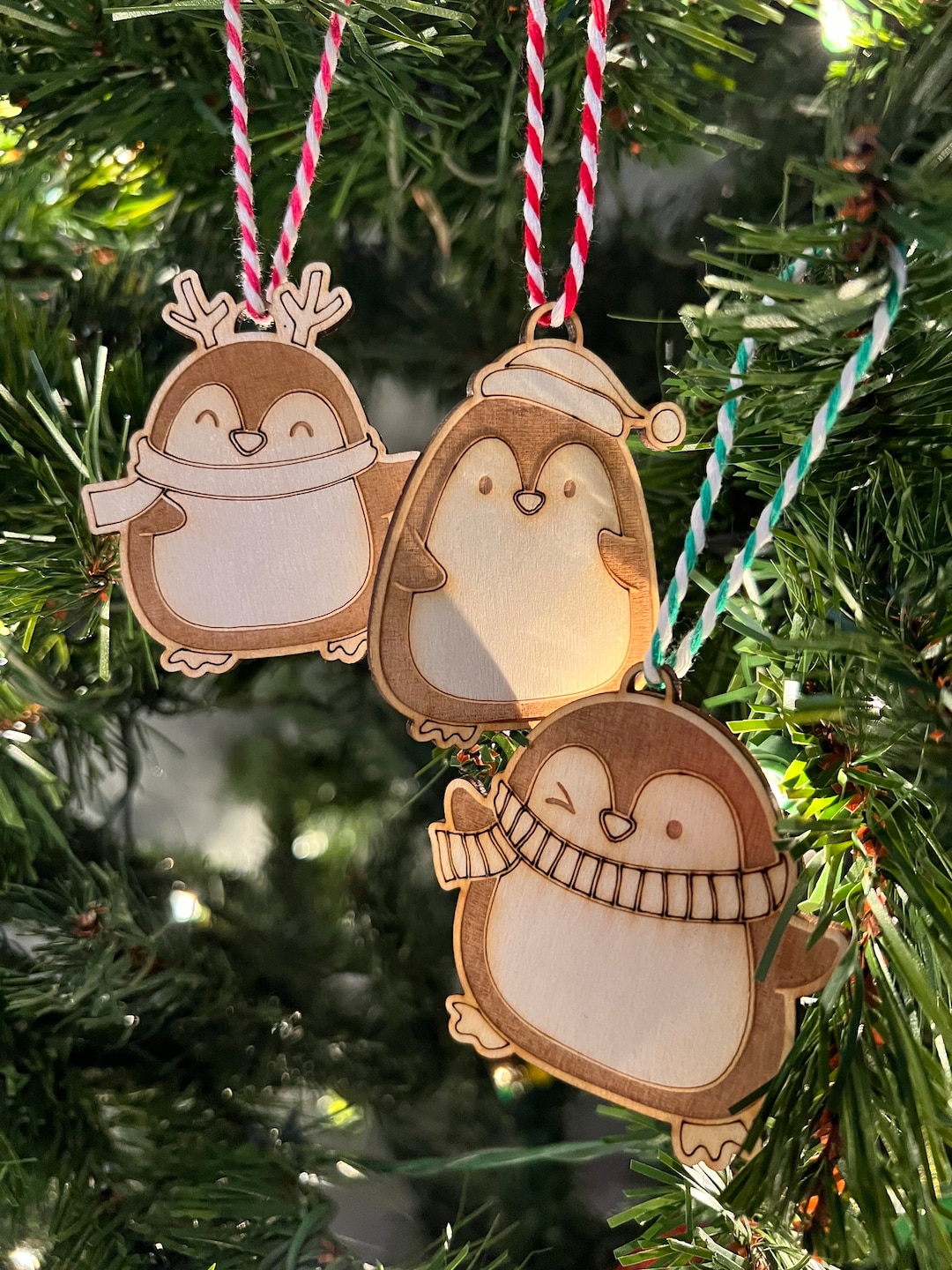 Penguin Ornament Set Wooden Penguin Wooden Ornament Set - Etsy