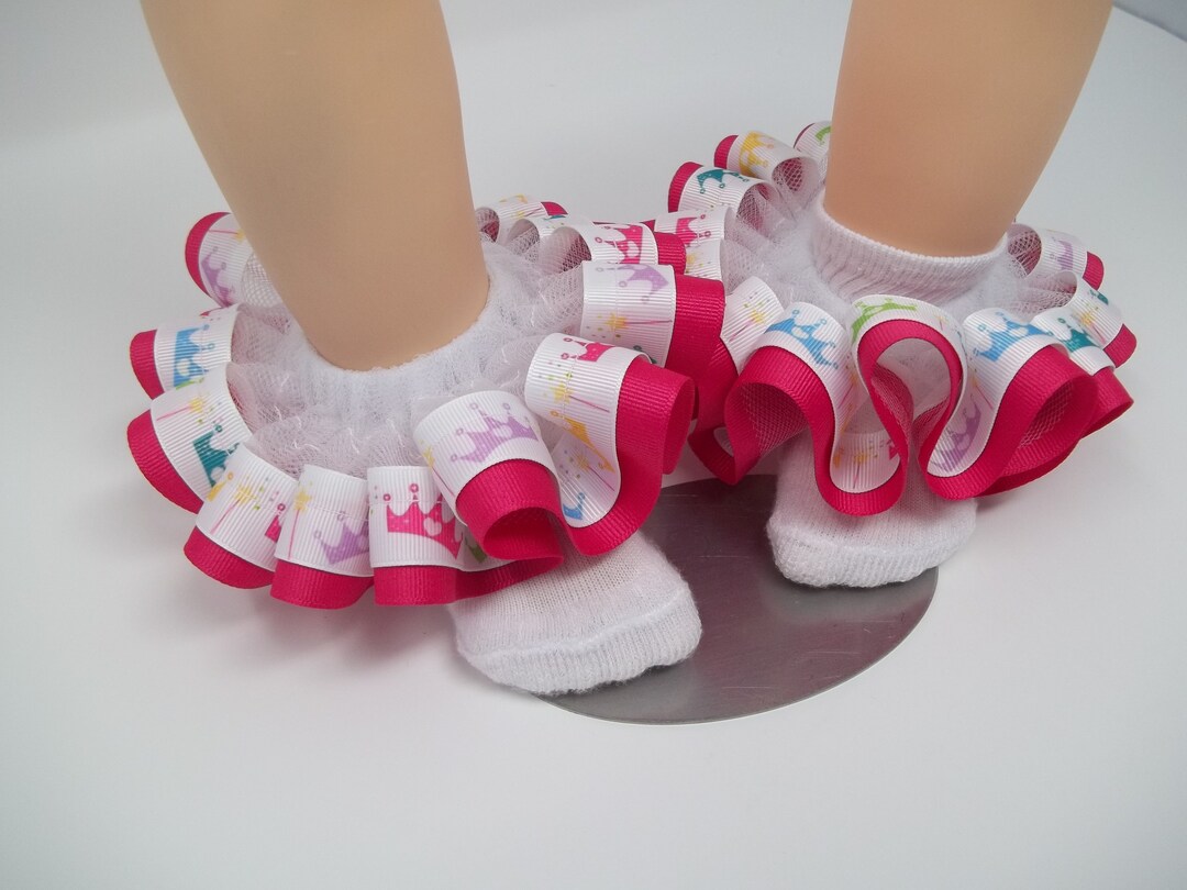 Girls Crown and Shocking Pink Grosgrain Tutu Socks/toddler Ruffle Socks ...