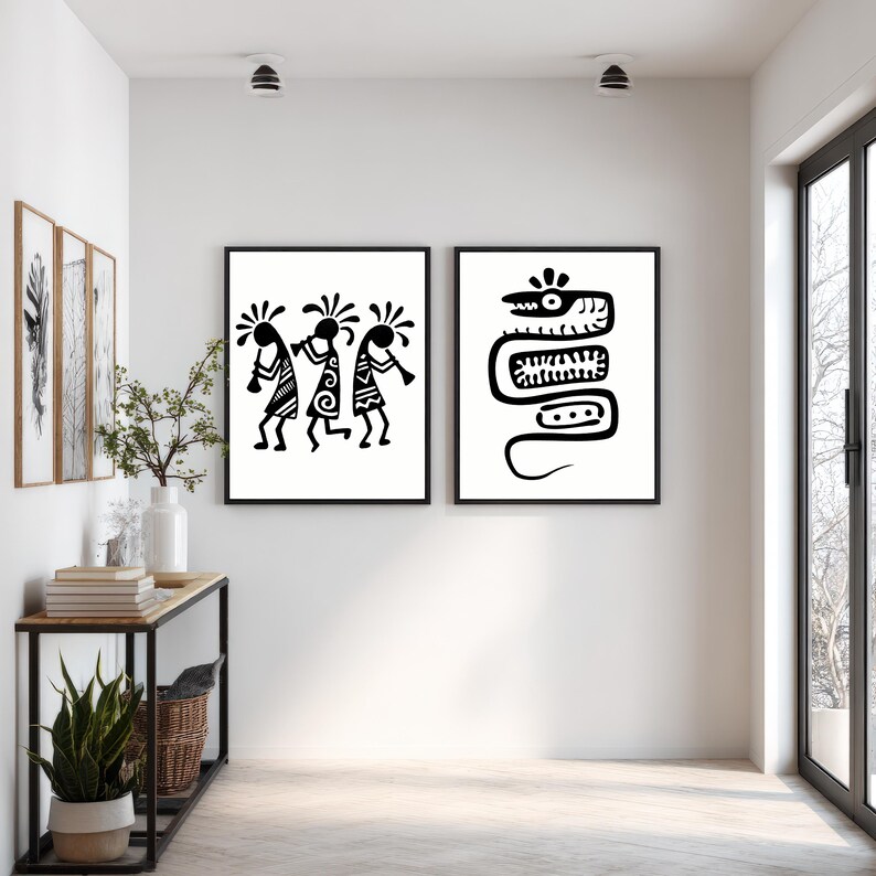 Tribal Snake Charmer Art Set, African Folk Art Prints, Black and White ...