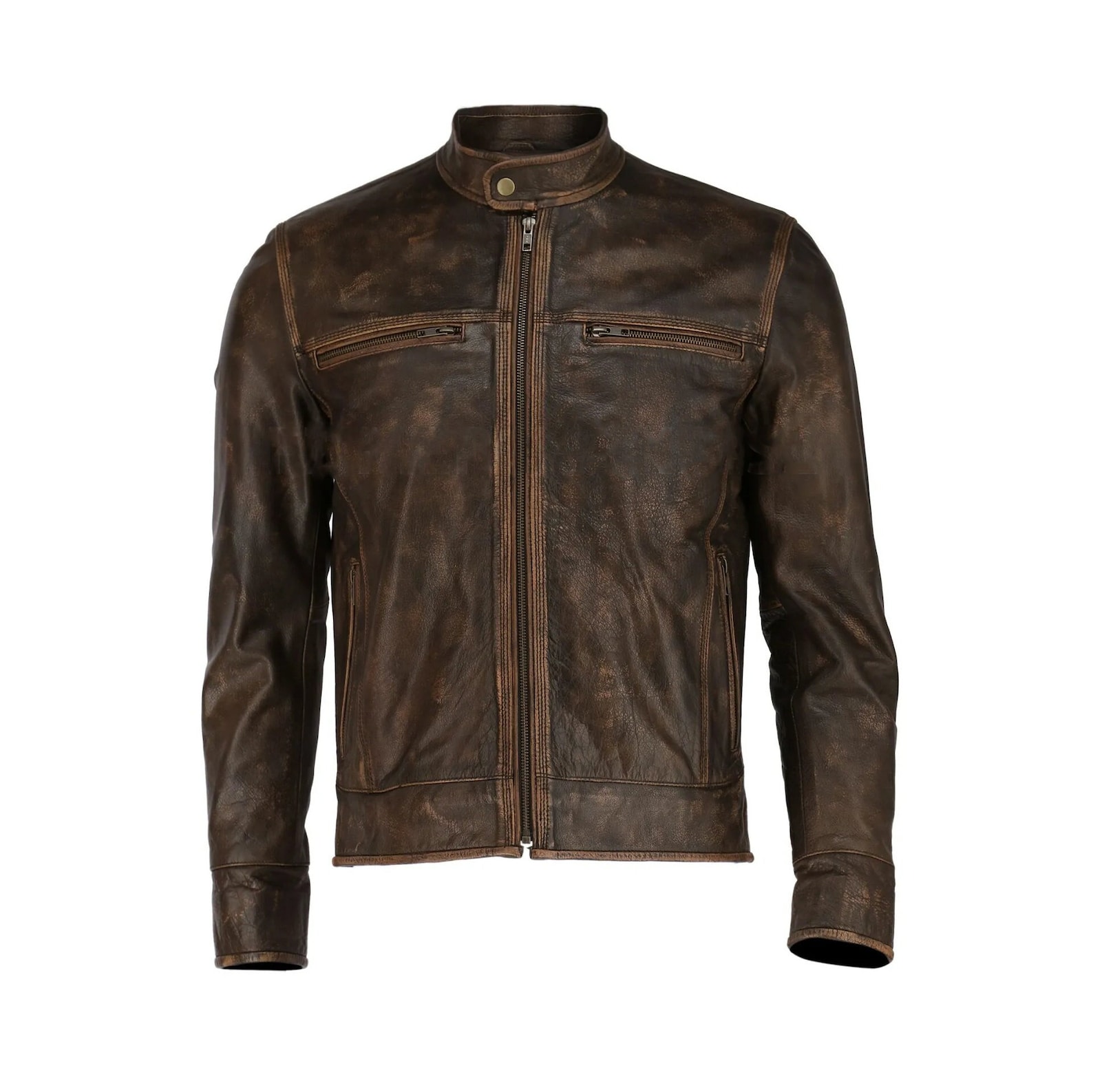 Men's Genuine Vintage 70s Style Distressed Brown Biker Leather Jacket ...