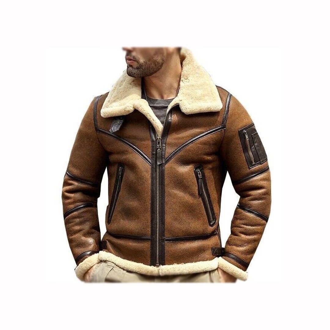 Men's RAF B3 Bomber Flight Aviator Fur Shearling Sheepskin Brown ...