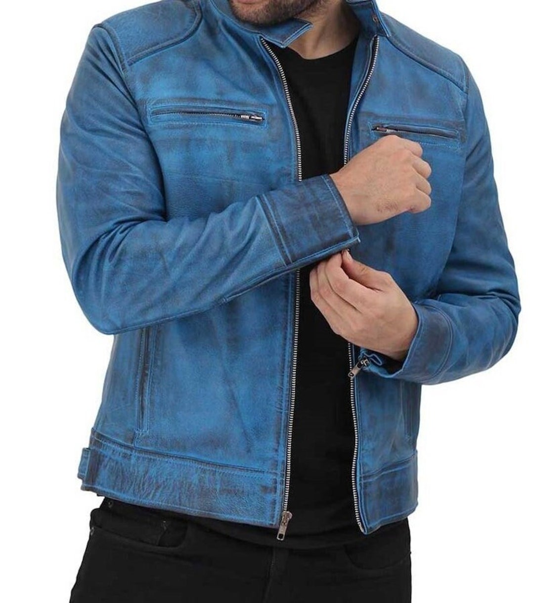 Men's Blue Leather Jacket in Lambskin : Cafe Racer Style Waxed Finish ...