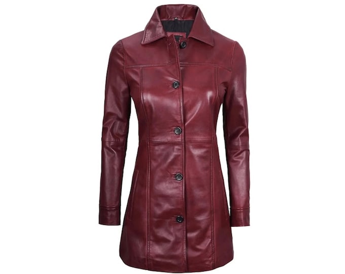 90's Vintage Handmade Women Burgundy Leather Trench Coat Ladies Classic Maroon Leather Long Coat ...