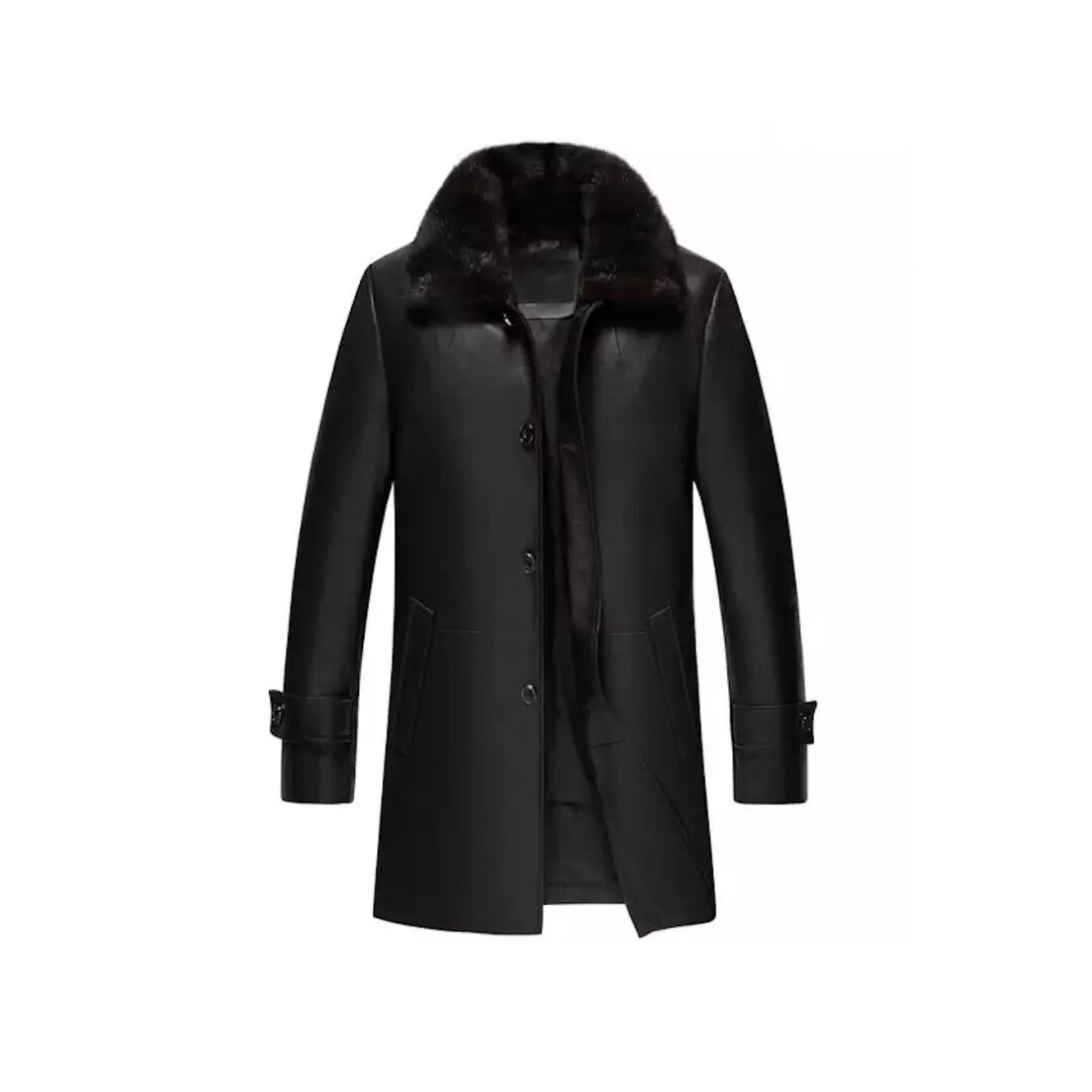 Men's Black Shearling Collar Leather Car Coat: Handmade 3/4 Length ...
