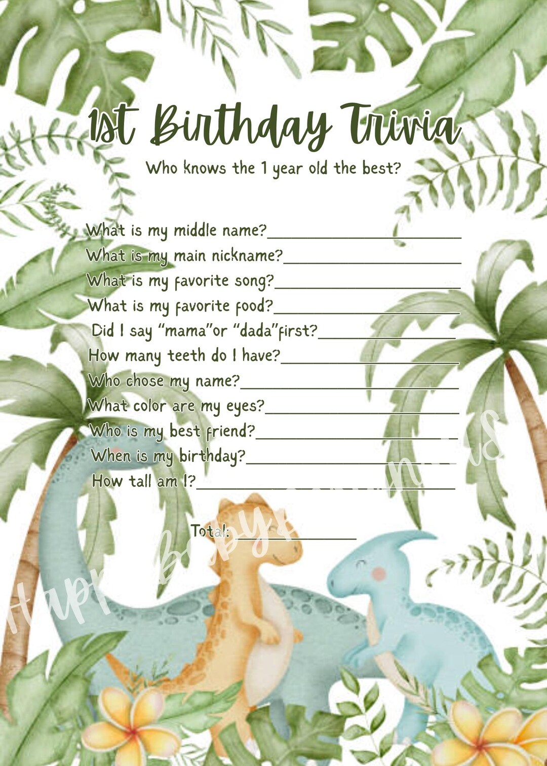 Dinosaur Themed First Birthday Trivia Game (digital Download) - Etsy