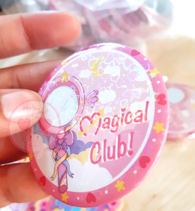 Kawaii Pink Magical Girl Round Button Badge | Starry Glitter Tin Pin ...