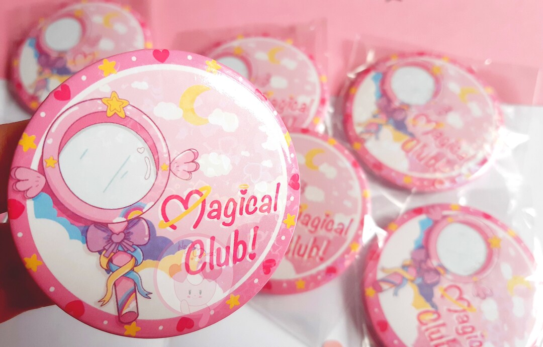 Kawaii Pink Magical Girl Round Button Badge | Starry Glitter Tin Pin ...