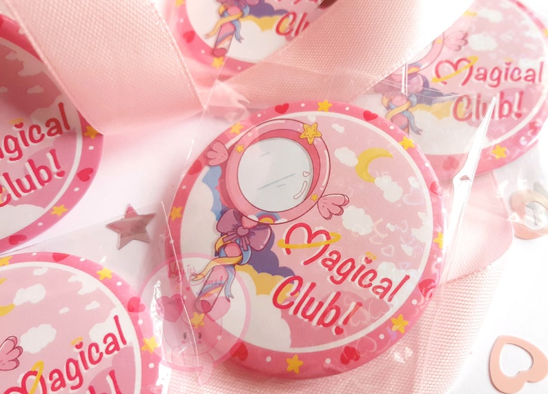 Kawaii Pink Magical Girl Round Button Badge | Starry Glitter Tin Pin ...