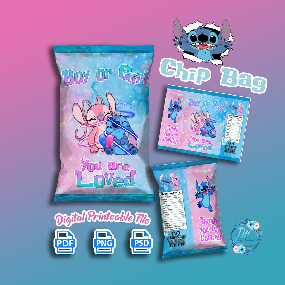 Gender reveal Stitch y Angel Chip Bag etiqueta Plantilla con fuente ...
