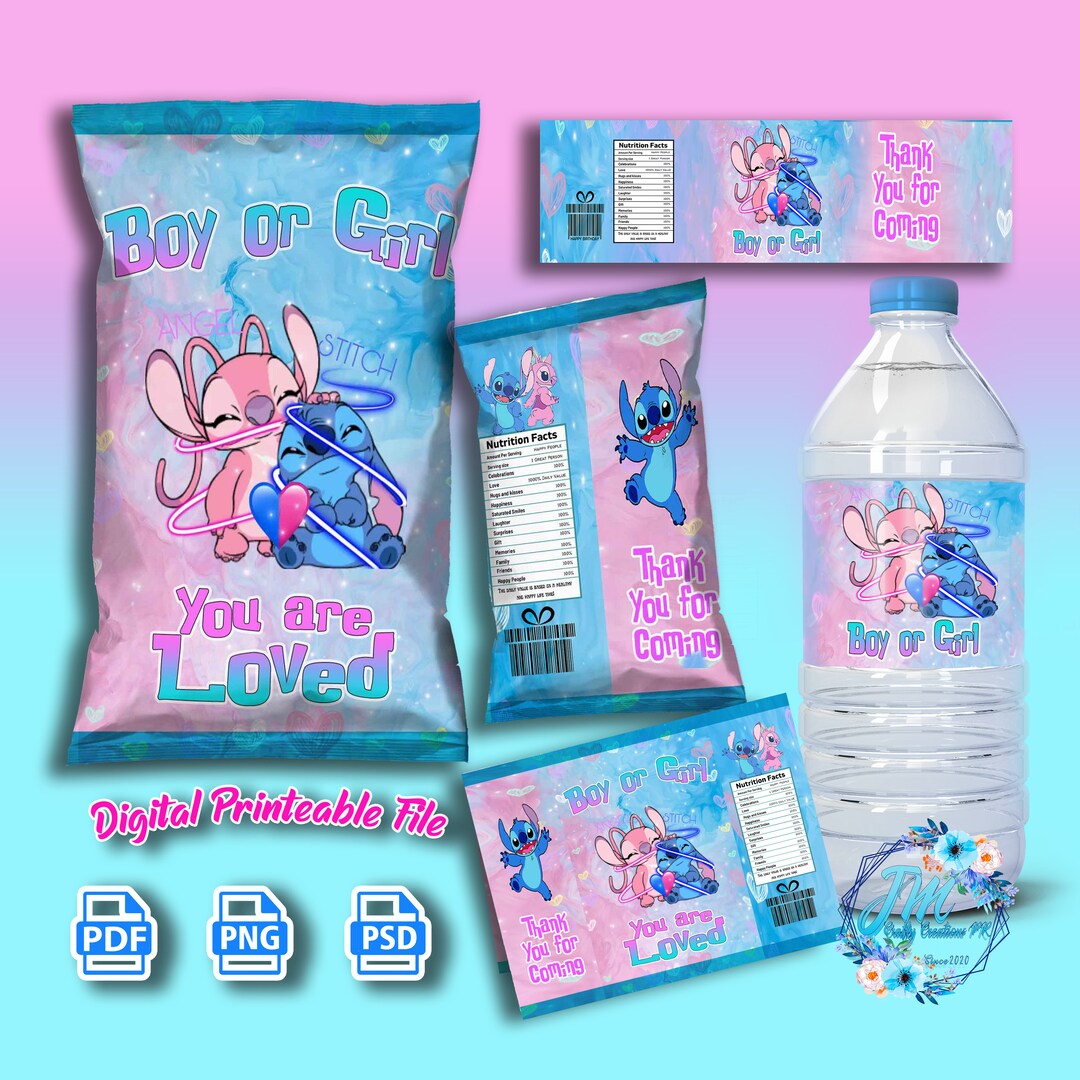Gender Reveal Stitch and Angel Chip Bag and Water Bottle Label Template ...