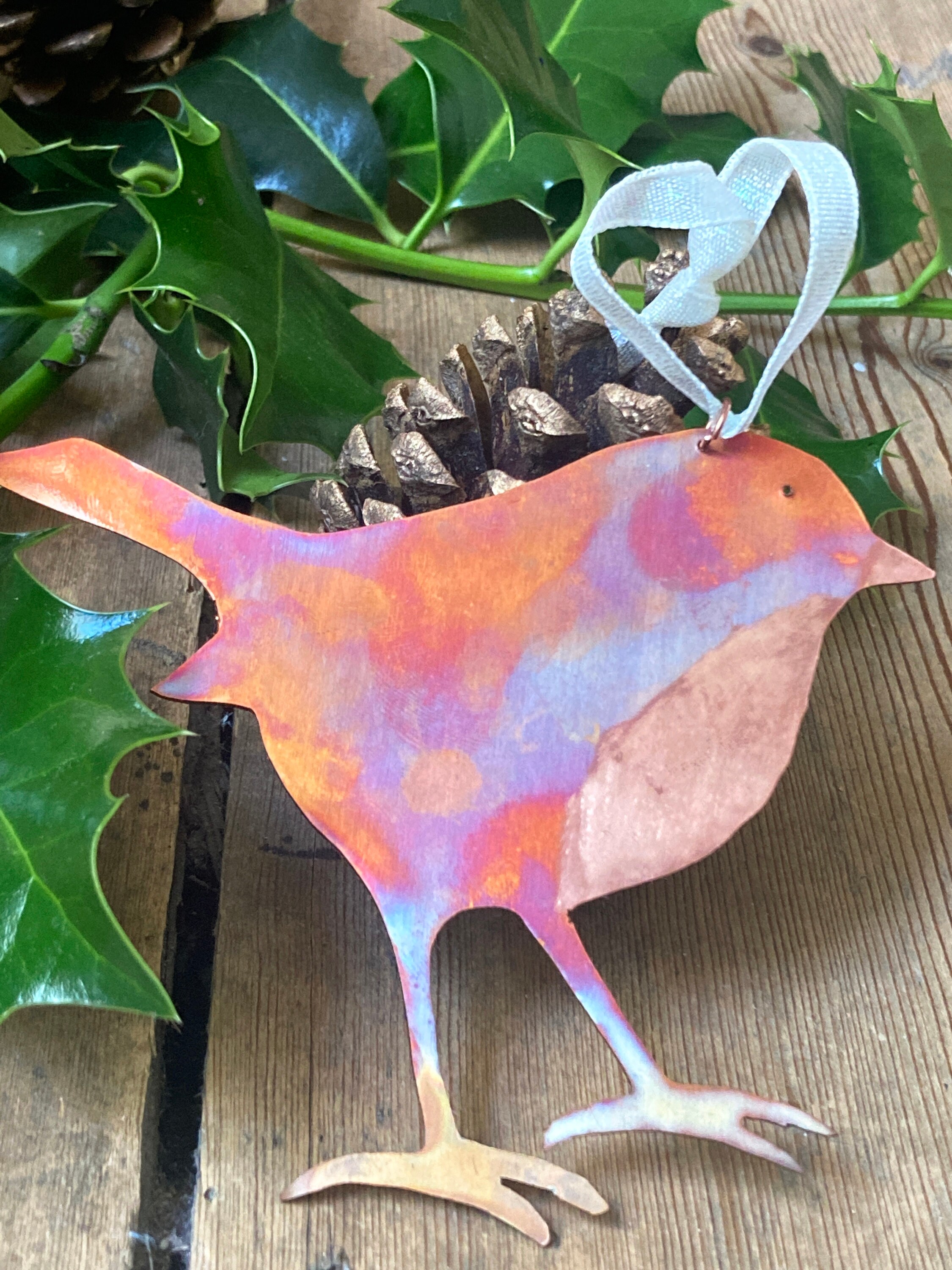 Metal Robin Ornament Winter Garden Decoration Flame Painted | Etsy