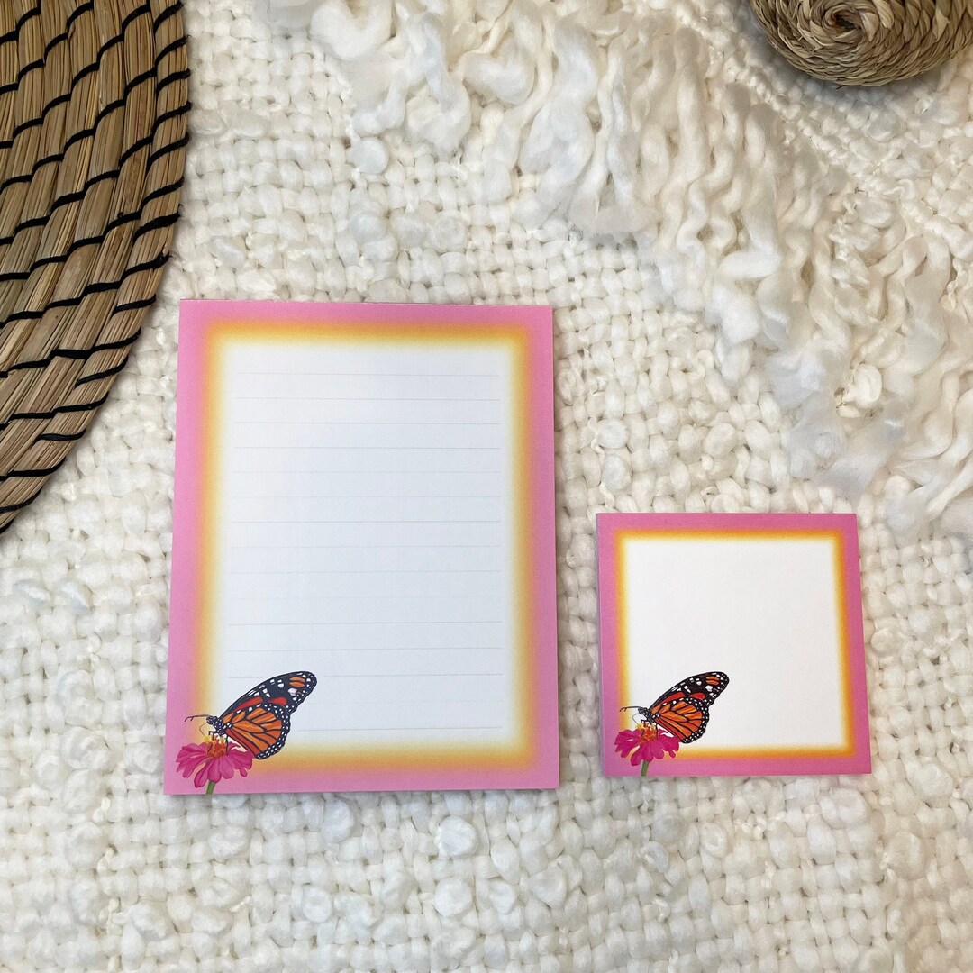Monarch Butterfly Stationery Set: Pink Floral Notepad & Sticky Notes - Etsy
