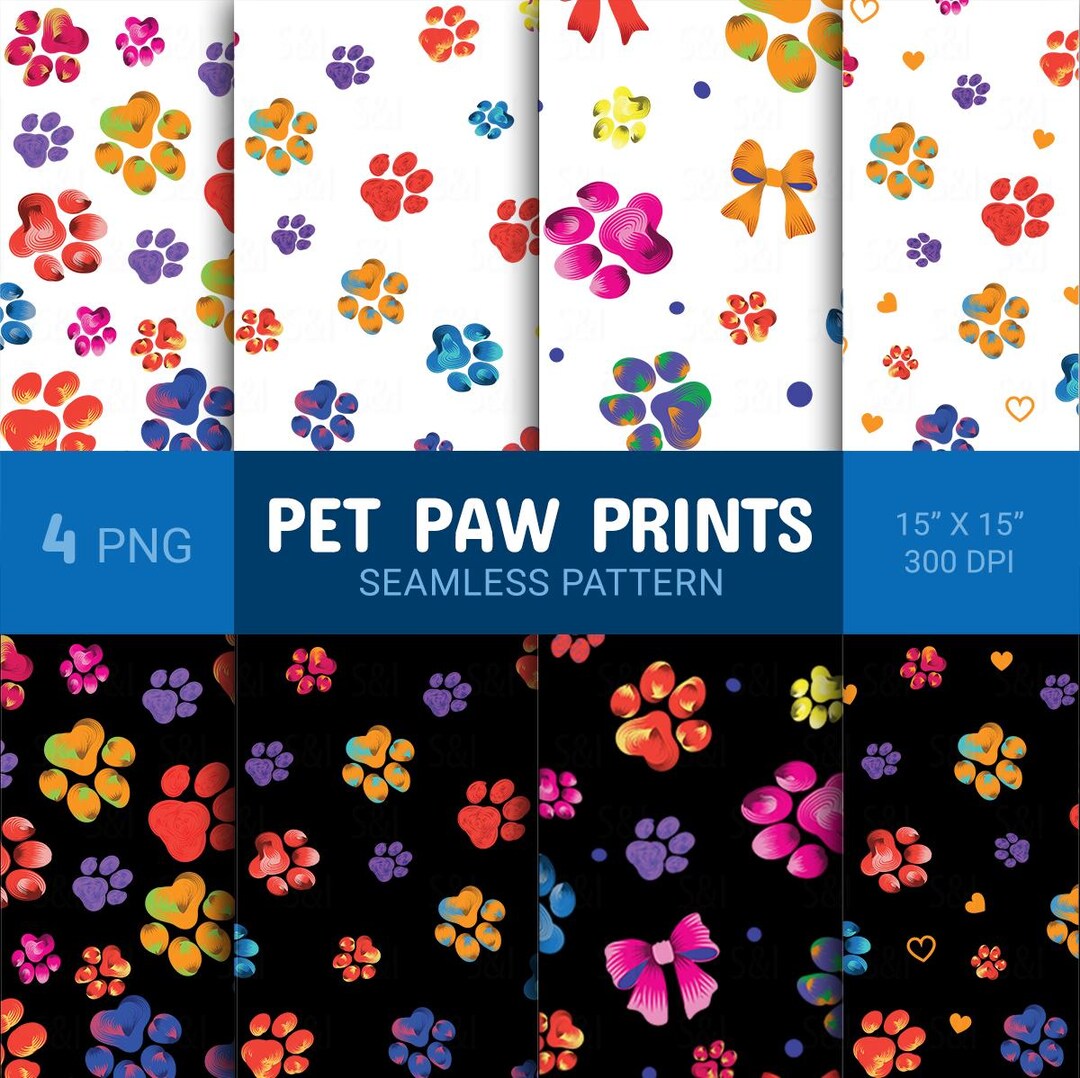 Rainbow Paw Print Seamless Pattern – Dog & Cat PNG Clipart (digital ...