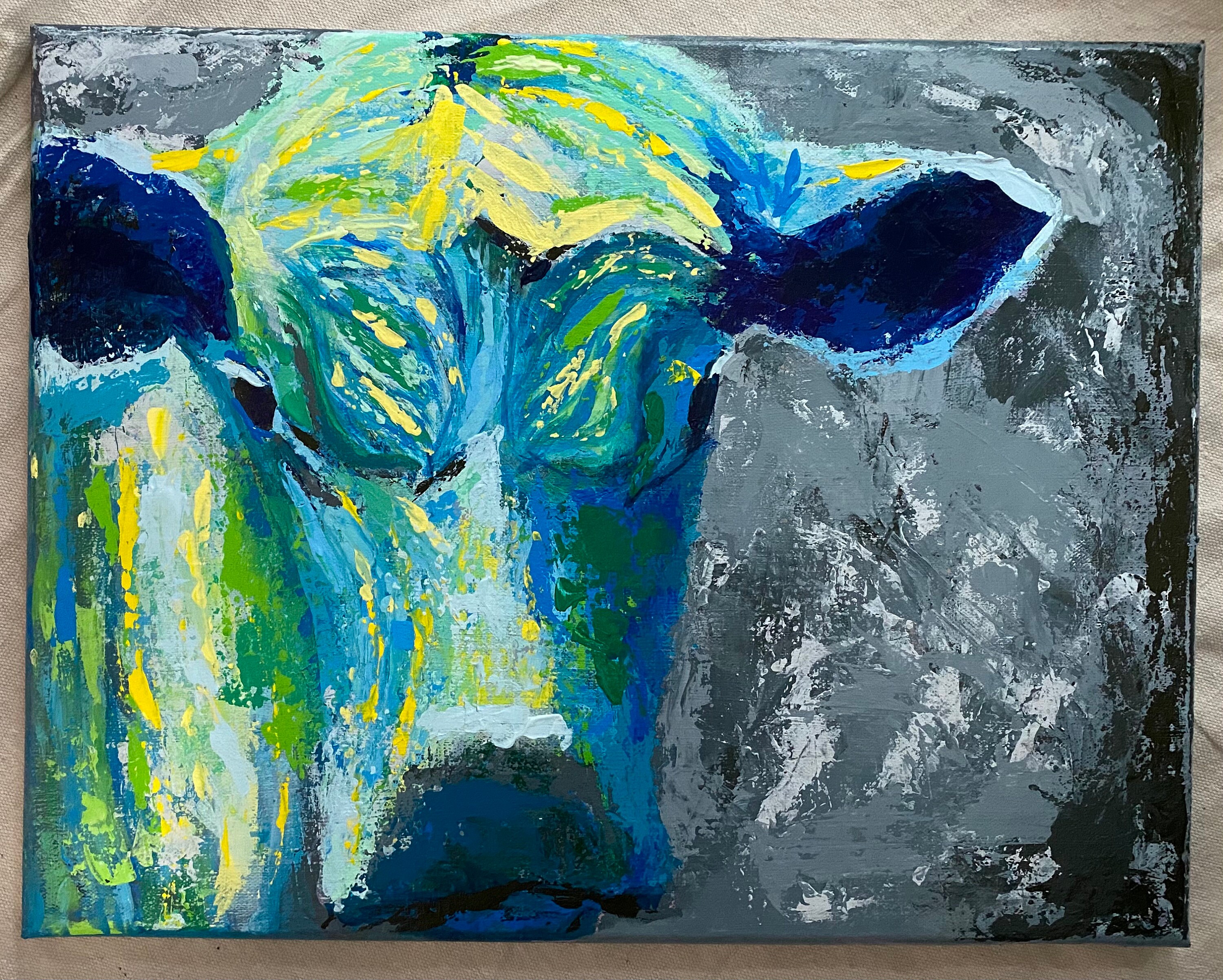Original Abstract Painting, Colorful Cow Acrylic on Gallery Wrapped ...