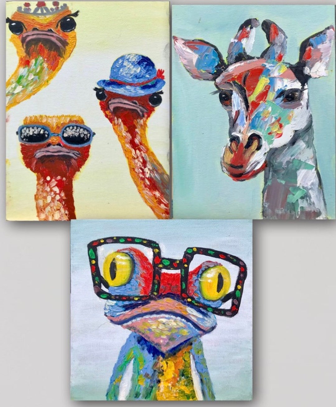 Three Small Paintings Art for Kids Funny Animals Frog Giraffe Ostrich ...