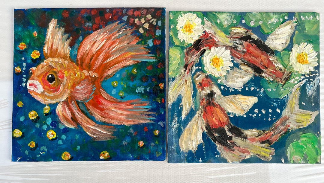 Two Original Fish Paintings for the Price of One, Koi Fish and Goldfish ...