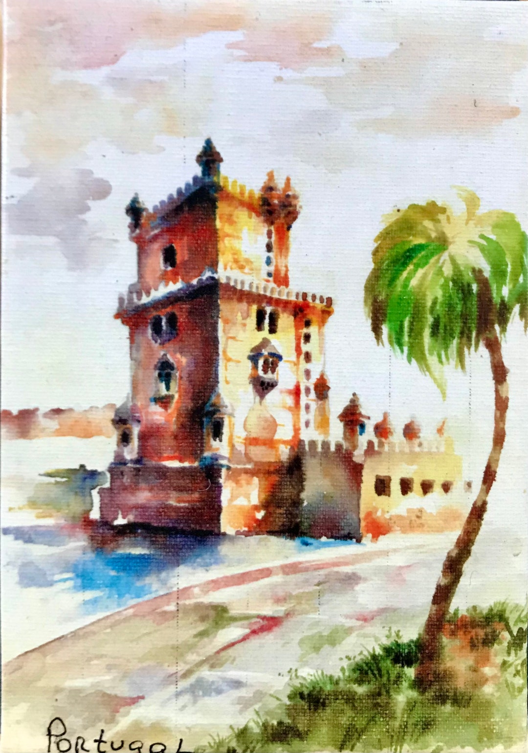 Art Watercolor, Torri De Belém Fortress Portugal, Small Painting on ...